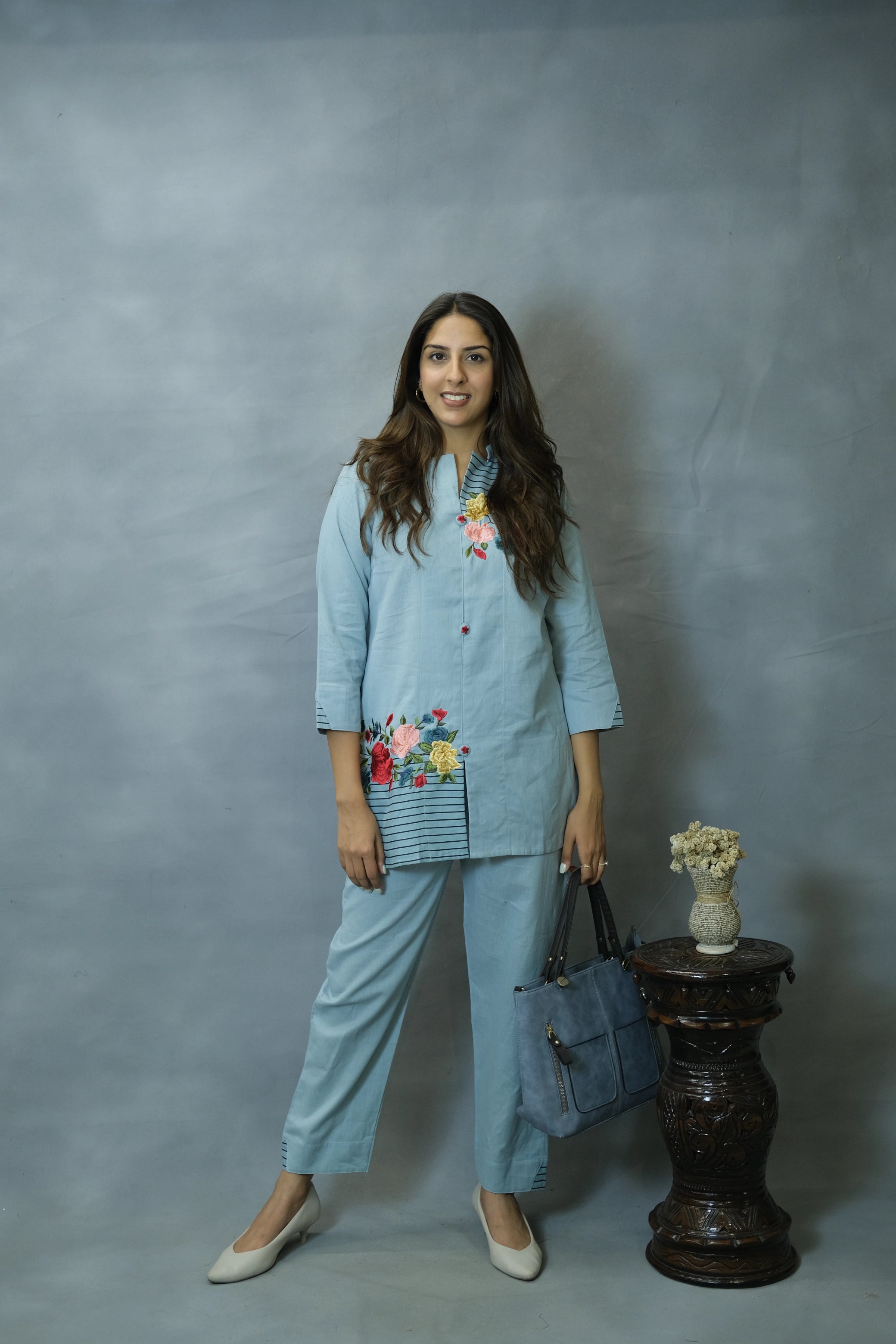 Powder Blue Embroidered Co-ord Set | Soft Cotton – Jyoties Collection